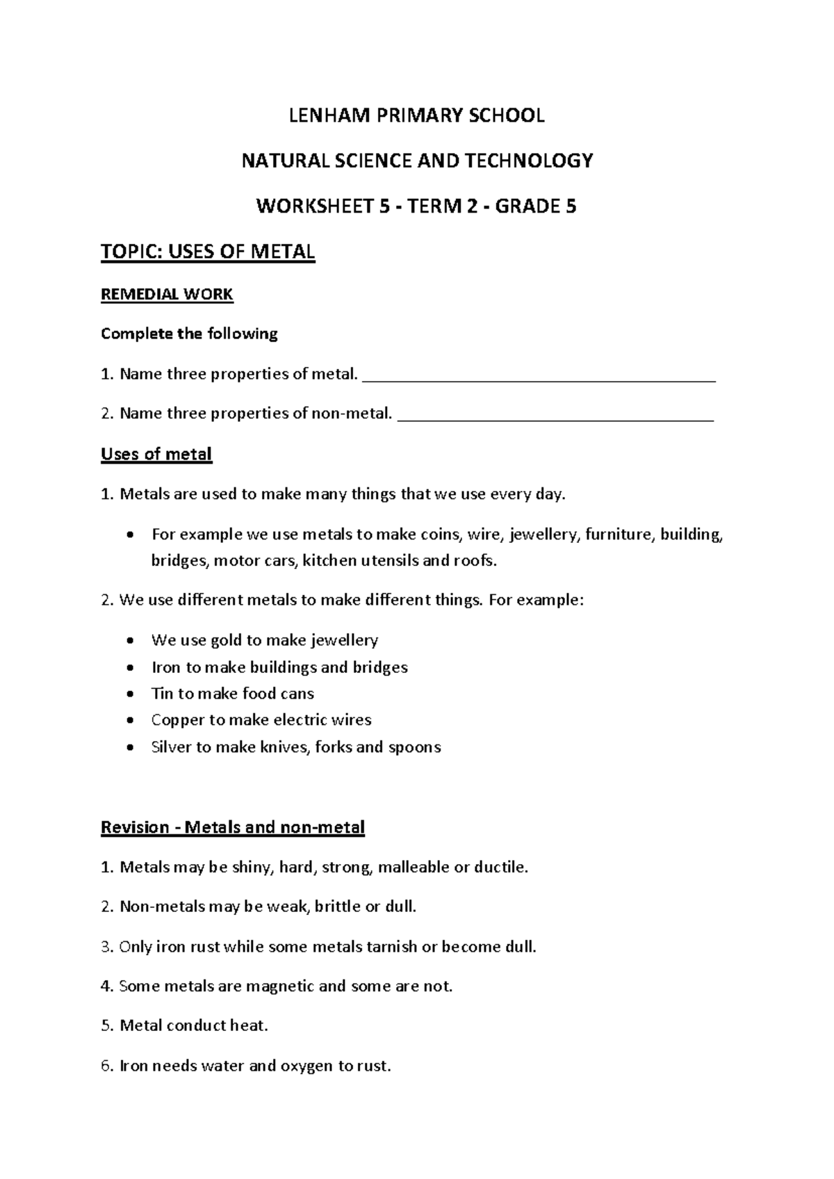 Gr5 NST Term 2 Worksheet 5: Uses of Metals Remedial Work - Studocu