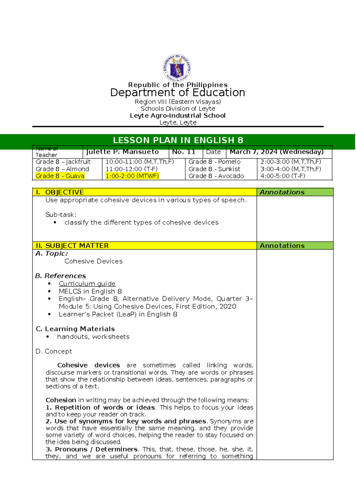 Lesson Plan on Cohesive Devices - ENGLISH 8 - LP - Studocu