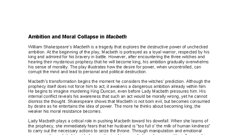 Macbeth: Ambition and Moral Collapse in Shakespeare's Tragedy - Studocu