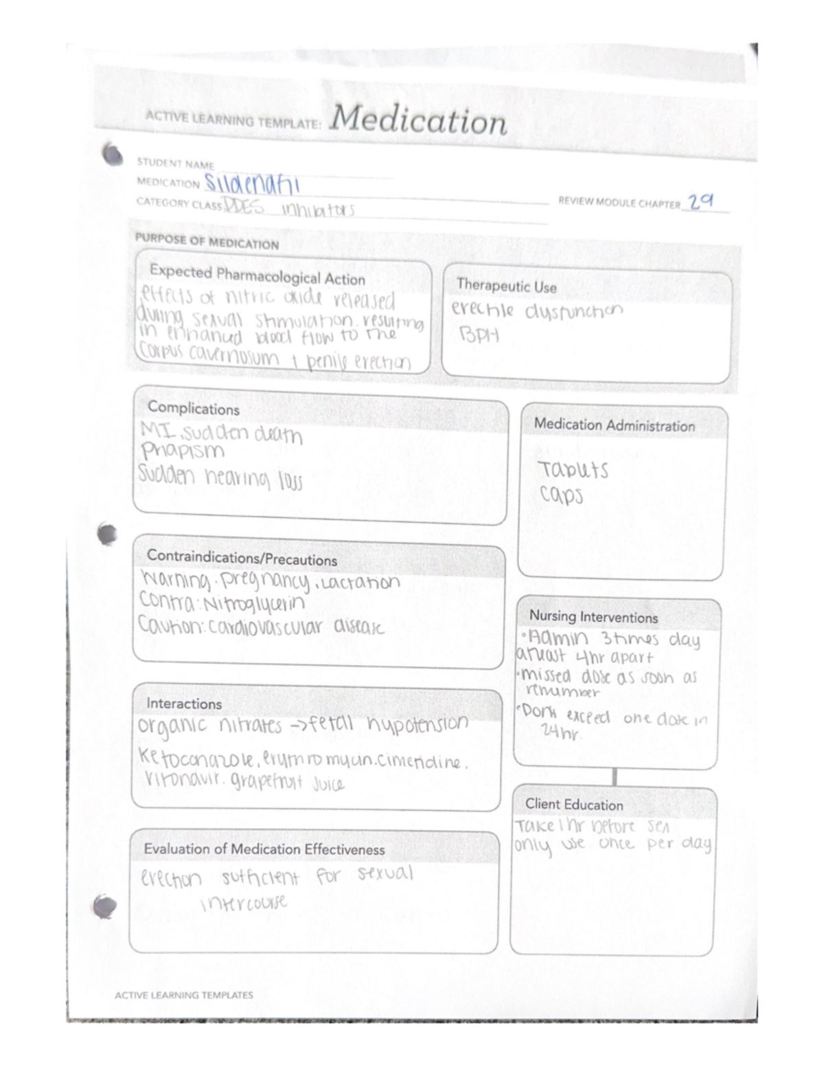 ATI Active Learning Template: Sildenafil Medication Notes - Studocu