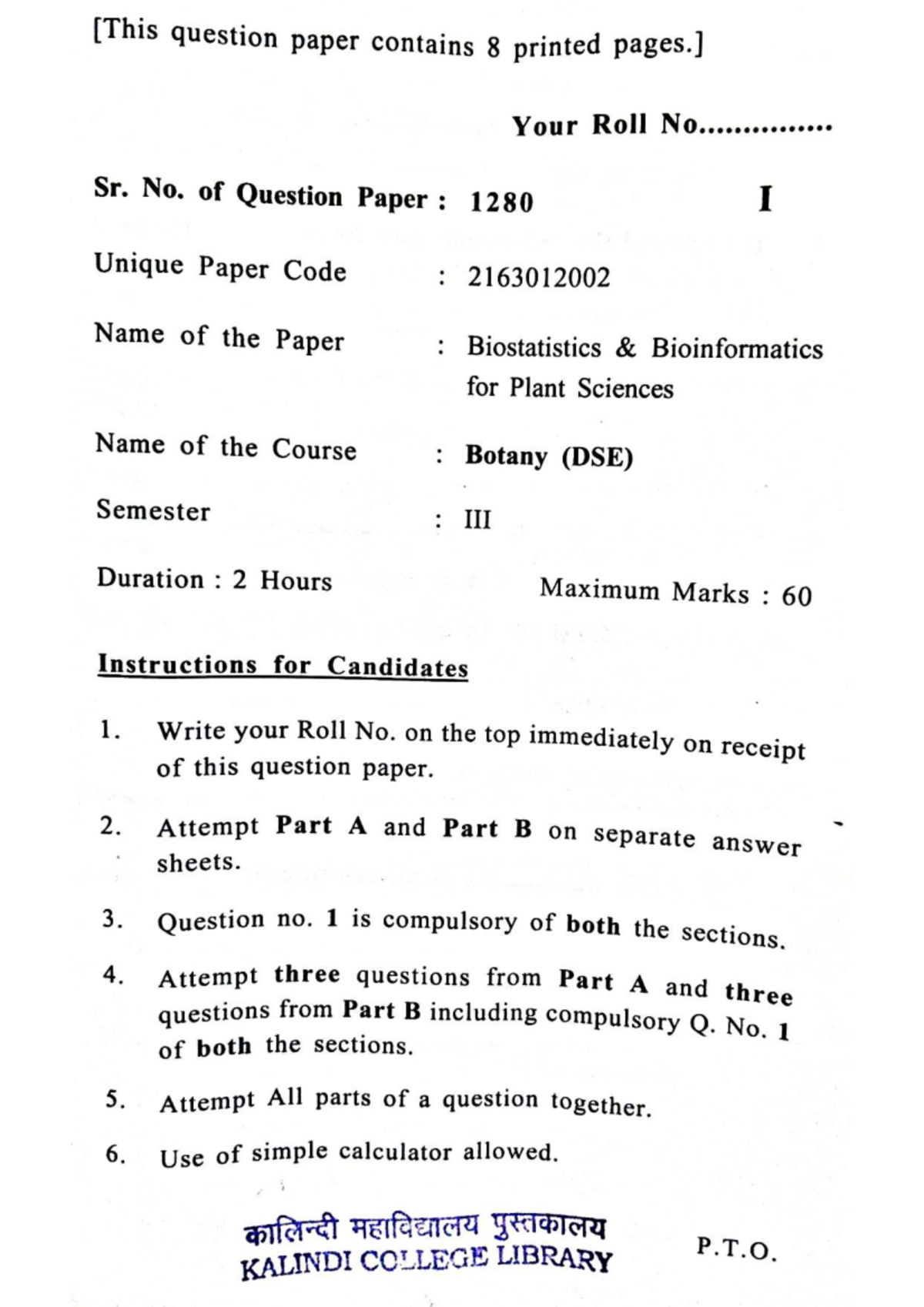 Botany DSE Biostatistics & Bioinformatics QP - Sem Exam 1280 - Studocu