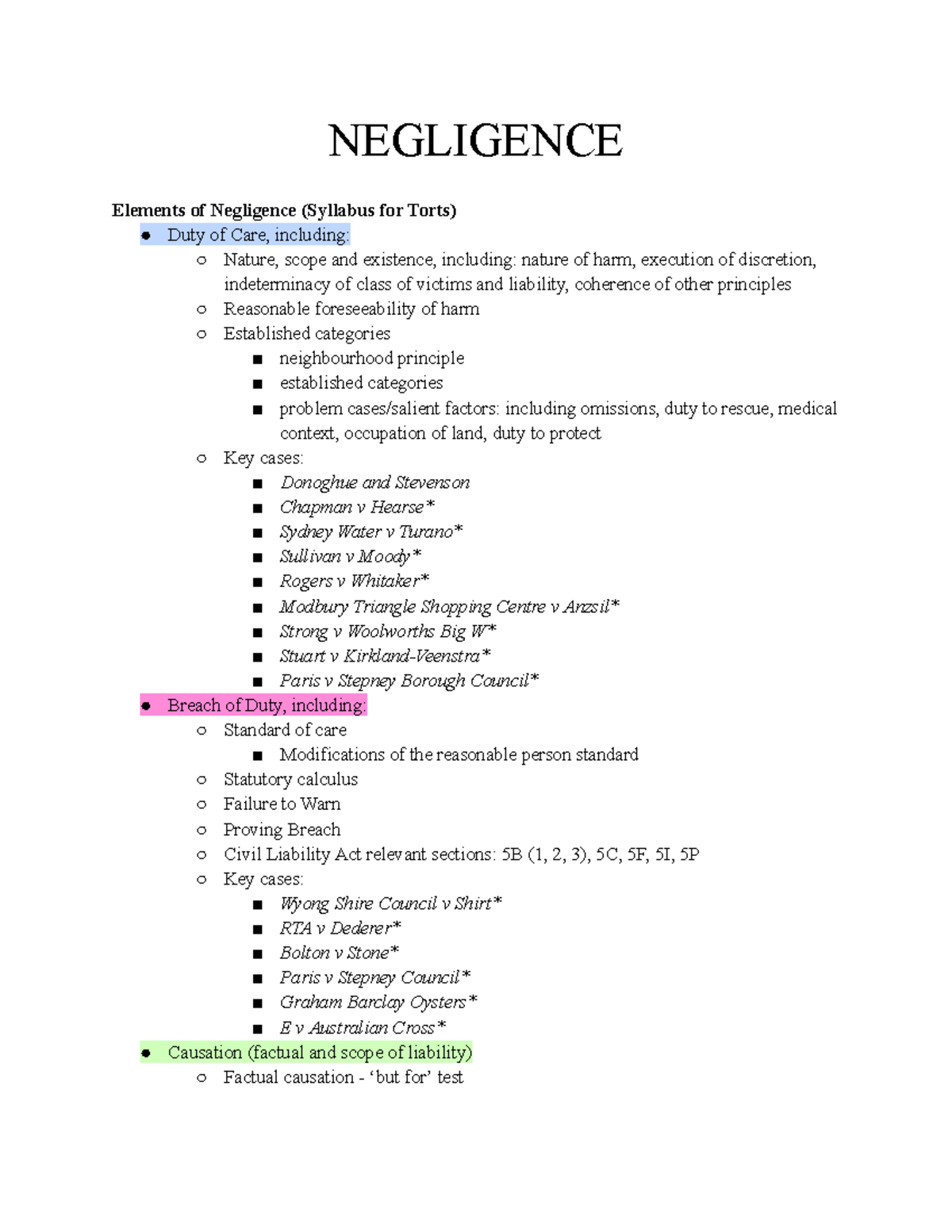Torts 101: Elements of Negligence and Key Case Analysis - Studocu