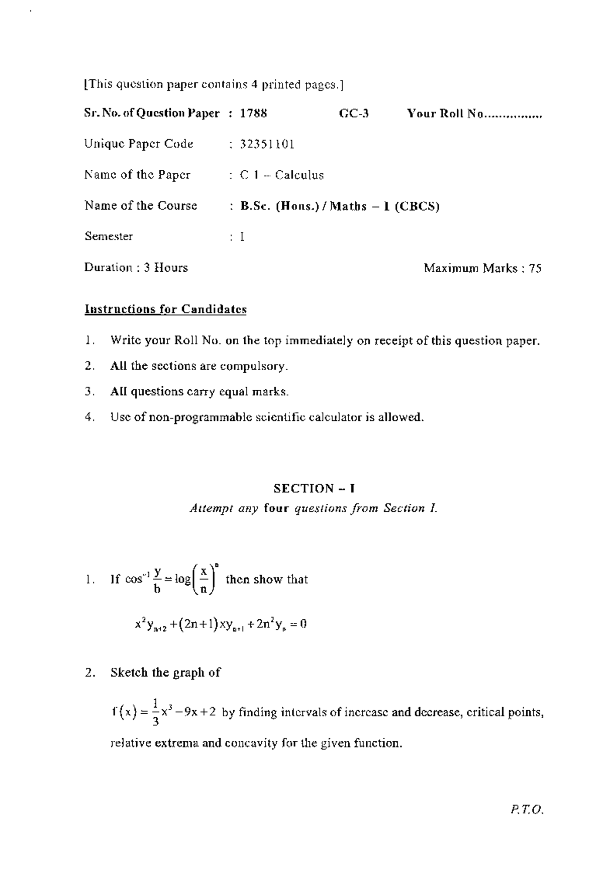 B.Sc. (Hons.) I Maths-I (CBCS) C1 Calculus Question Paper 1788 - Studocu
