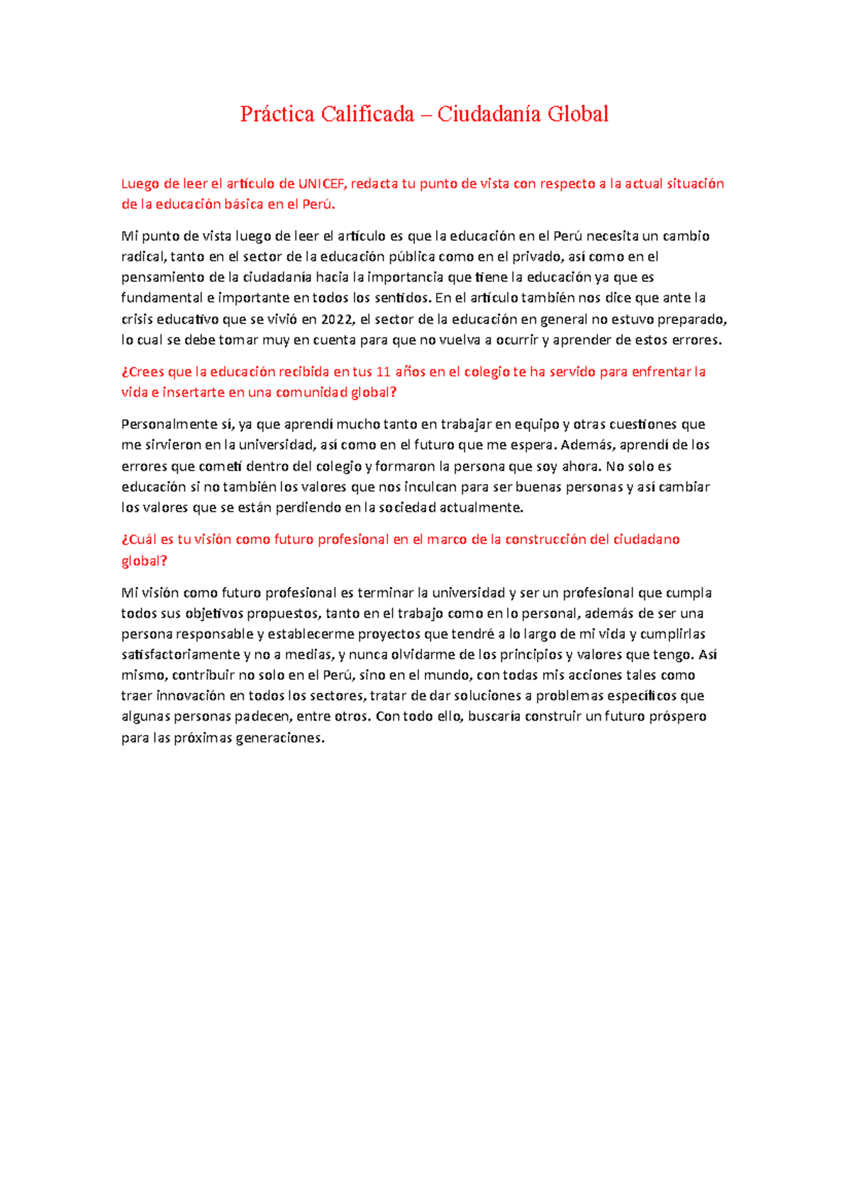 Práctica Calificada - Ciudadanía Global y Educación en Perú - Studocu