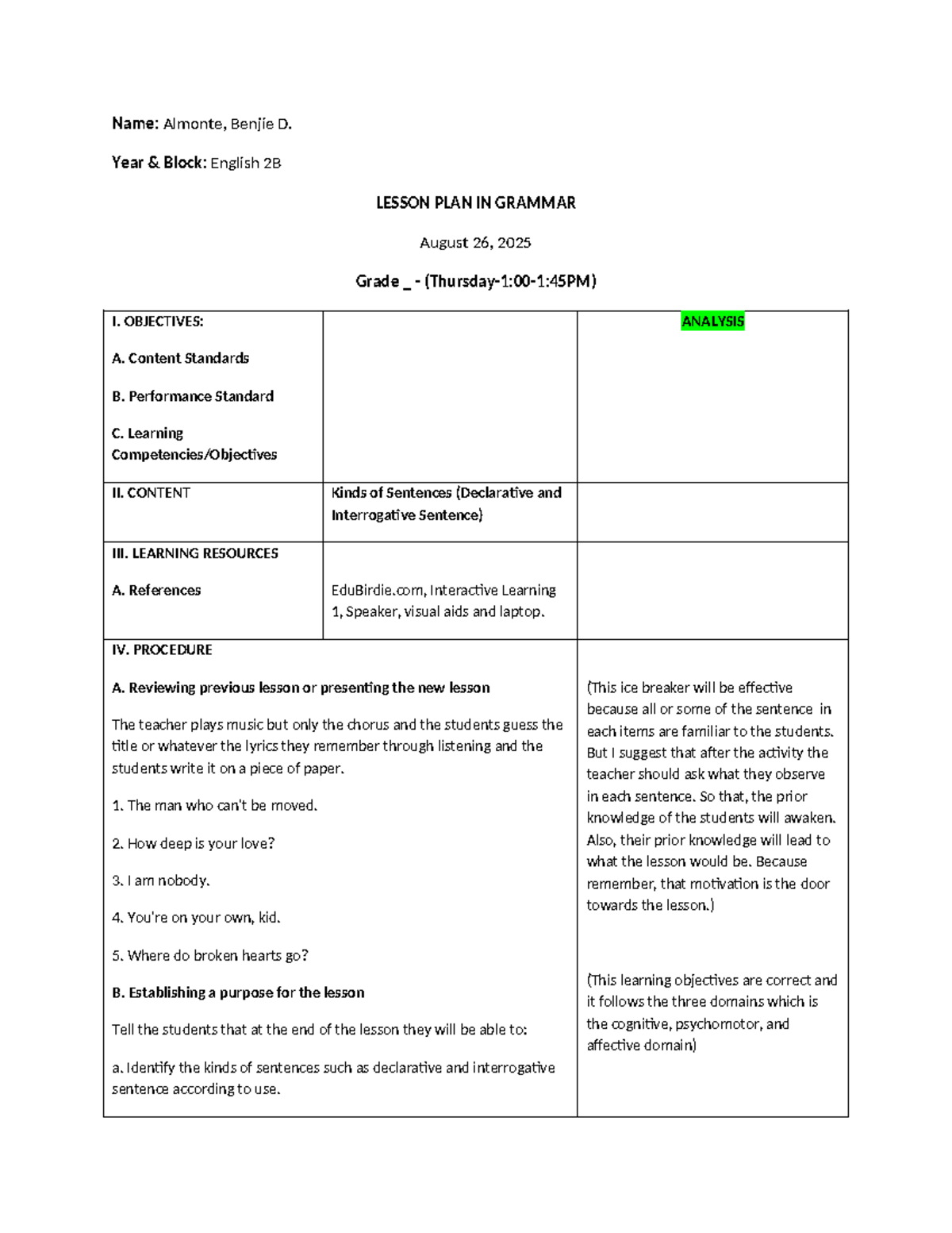 English 2B Lesson Plan: Kinds of Sentences (Declarative & Interrogative ...