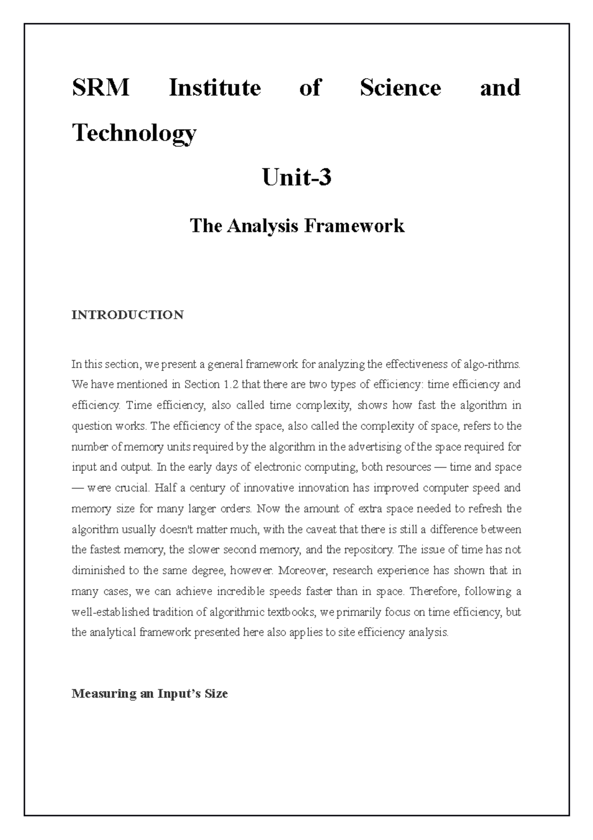 Analyzing Algorithm Efficiency: Time and Space Complexity Framework - Studocu