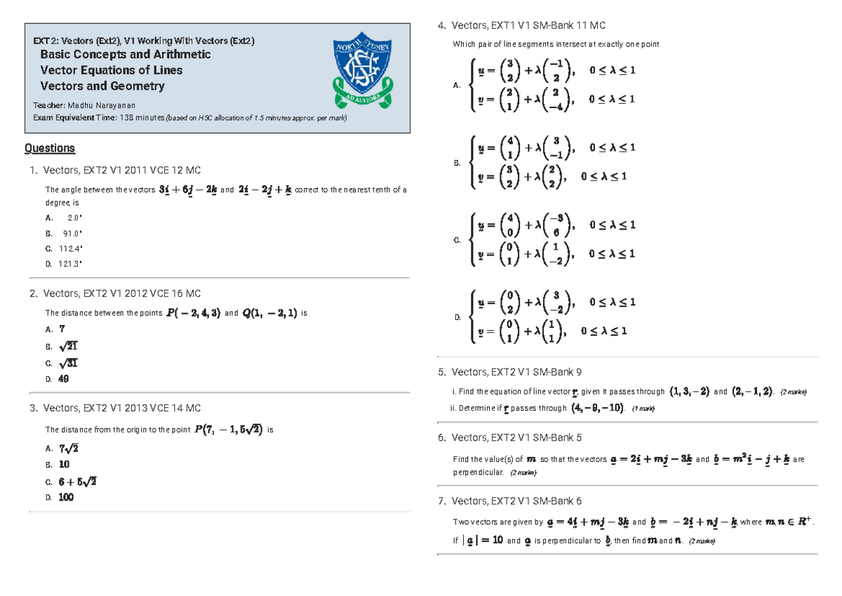 Further Work with Vectors: EXT2 V1 Study Guide - Studocu