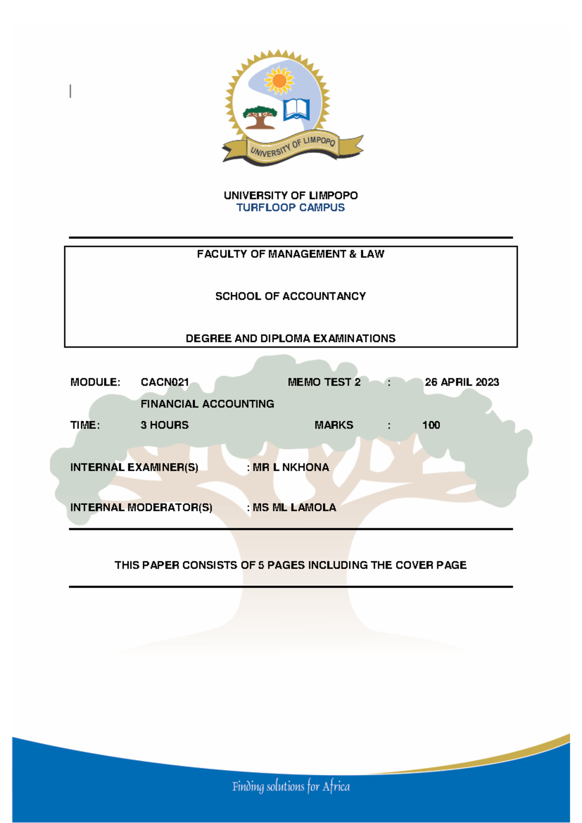 CACN 021 TEST 2 MEMO Final - UNIVERSITY OF LIMPOPO TURFLOOP CAMPUS ...
