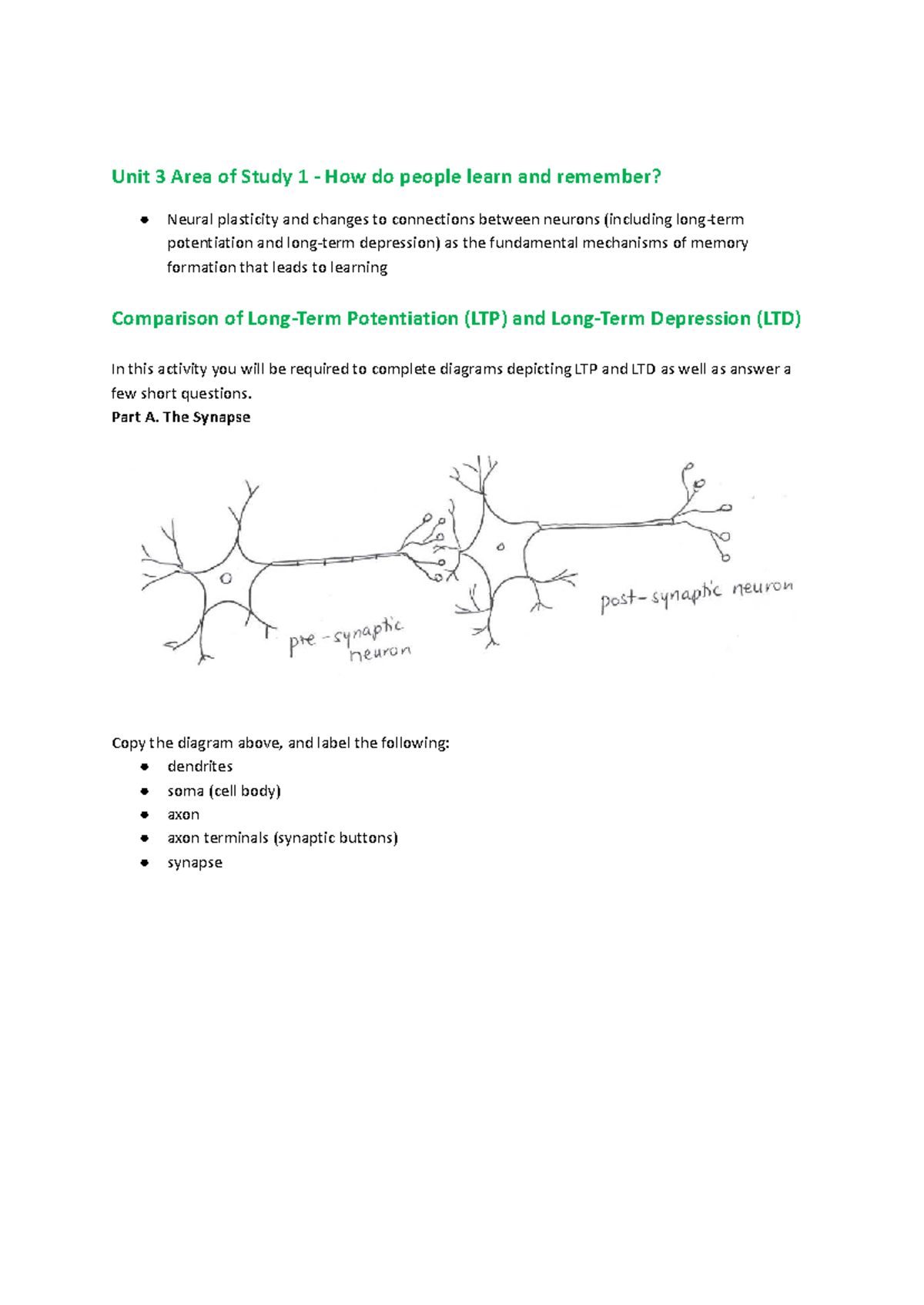 Unit 3 Area of Study 1: LTP vs. LTD Comparison Worksheet - Studocu