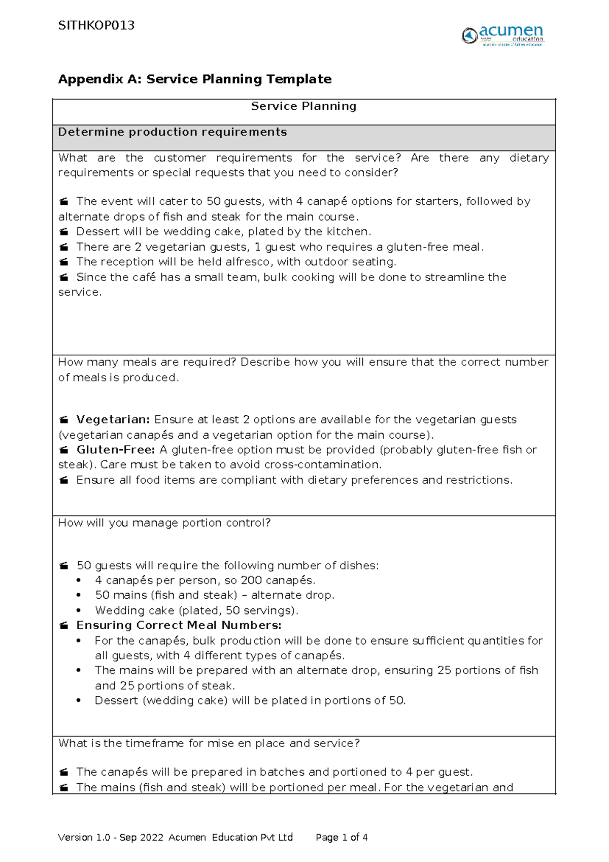 Appendix A: Service Planning Template for Catering Event 28 - Sithkop ...