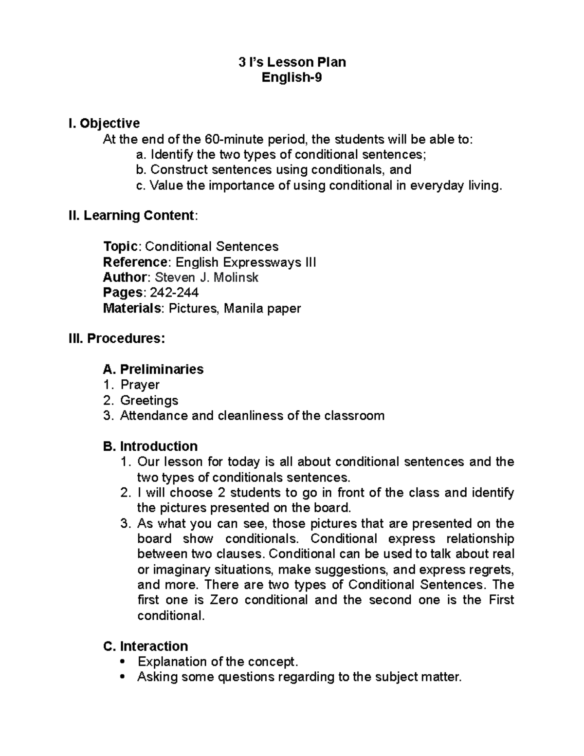 3 I's English Lesson Plan on Conditional Sentences - Studocu