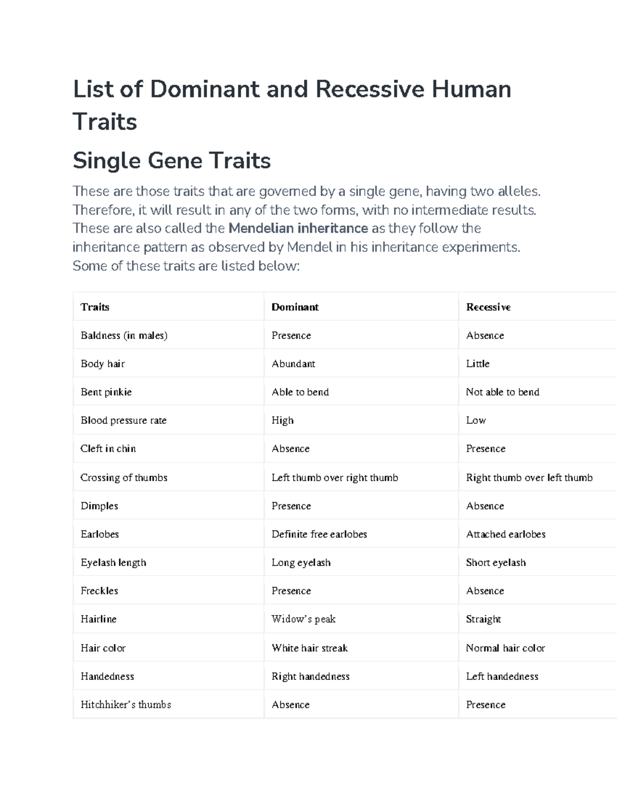 List of Dominant & Recessive Human Traits - Genetics Overview - Studocu