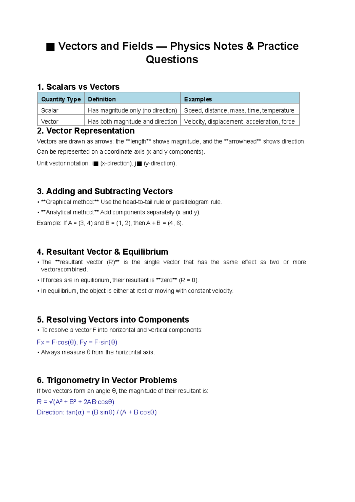 Vectors and Fields PHYS 101: Notes & Practice Questions - Studocu