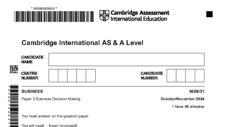 Cambridge International AS A Level 9609/31 Business Paper 3 Past Exam ...