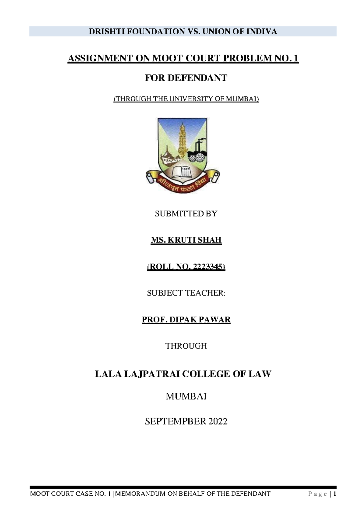 Perfect pdf moot memorial one - ASSIGNMENT ON MOOT COURT PROBLEM NO. 1 ...