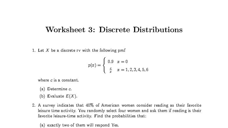 Worksheet 3: Discrete Distributions Practice Notes - Studocu