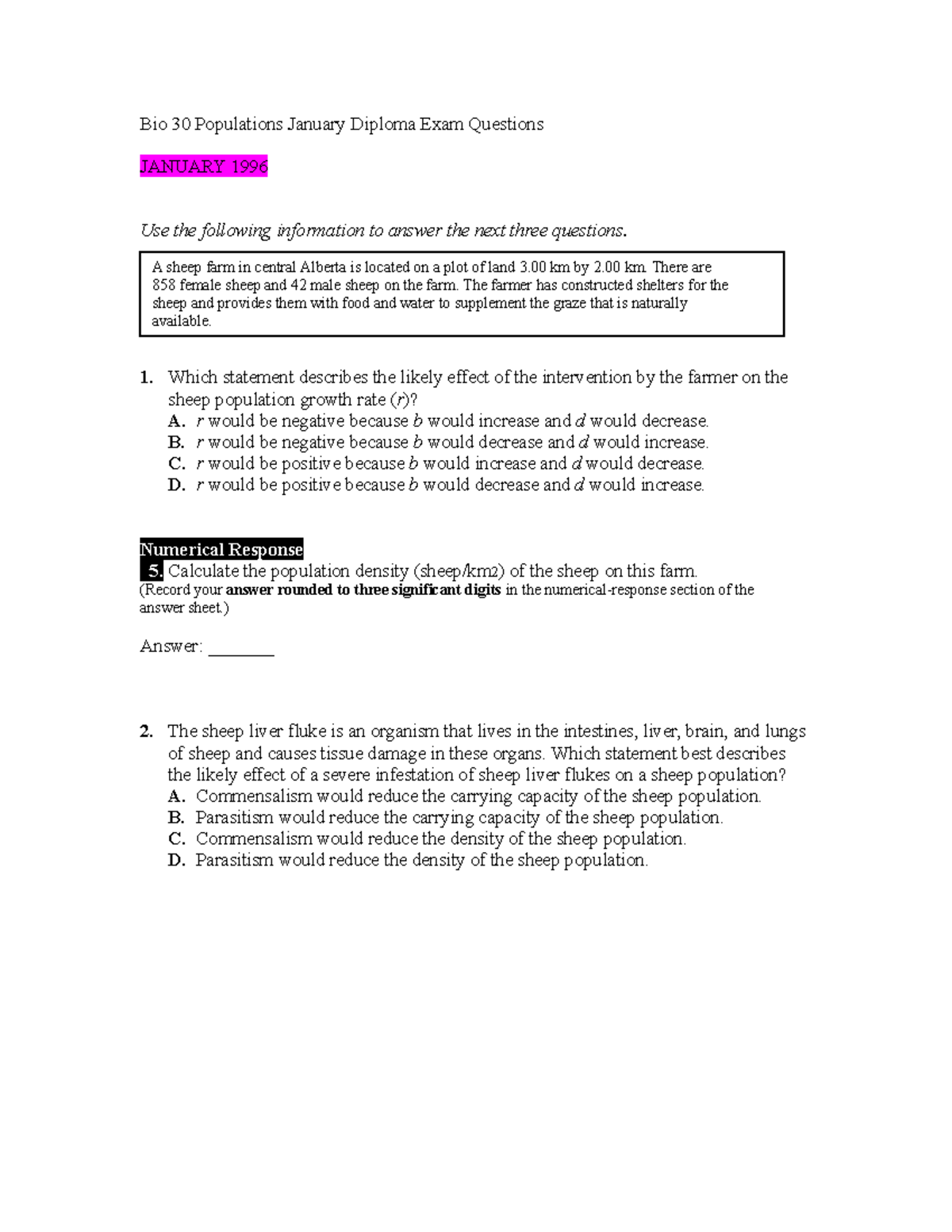 Bio 30 Populations Final Exam Review Questions - January 1996 - Studocu