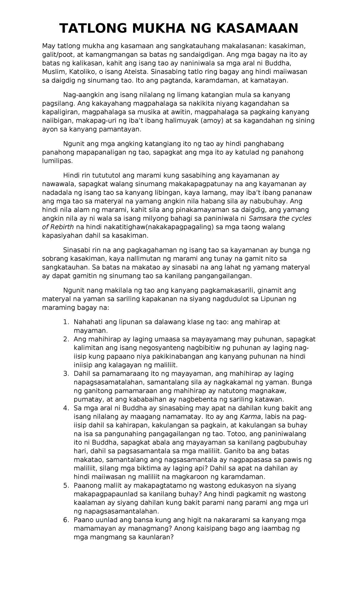 Tatlong Mukha ng Kasamaan: Pagsusuri sa Ugnayan ng Tao at Yaman - Studocu