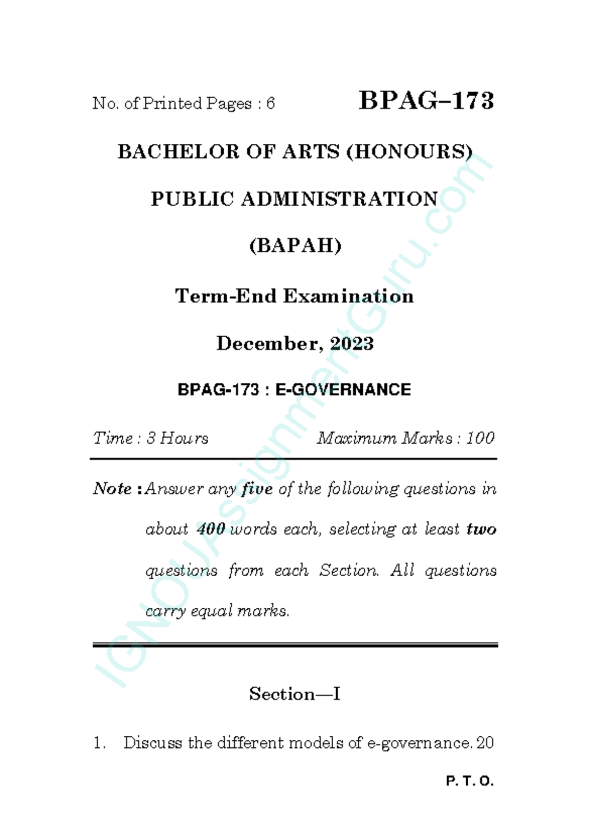 BPAG-173: E-Governance Term-End Exam Questions & Guidelines - Studocu