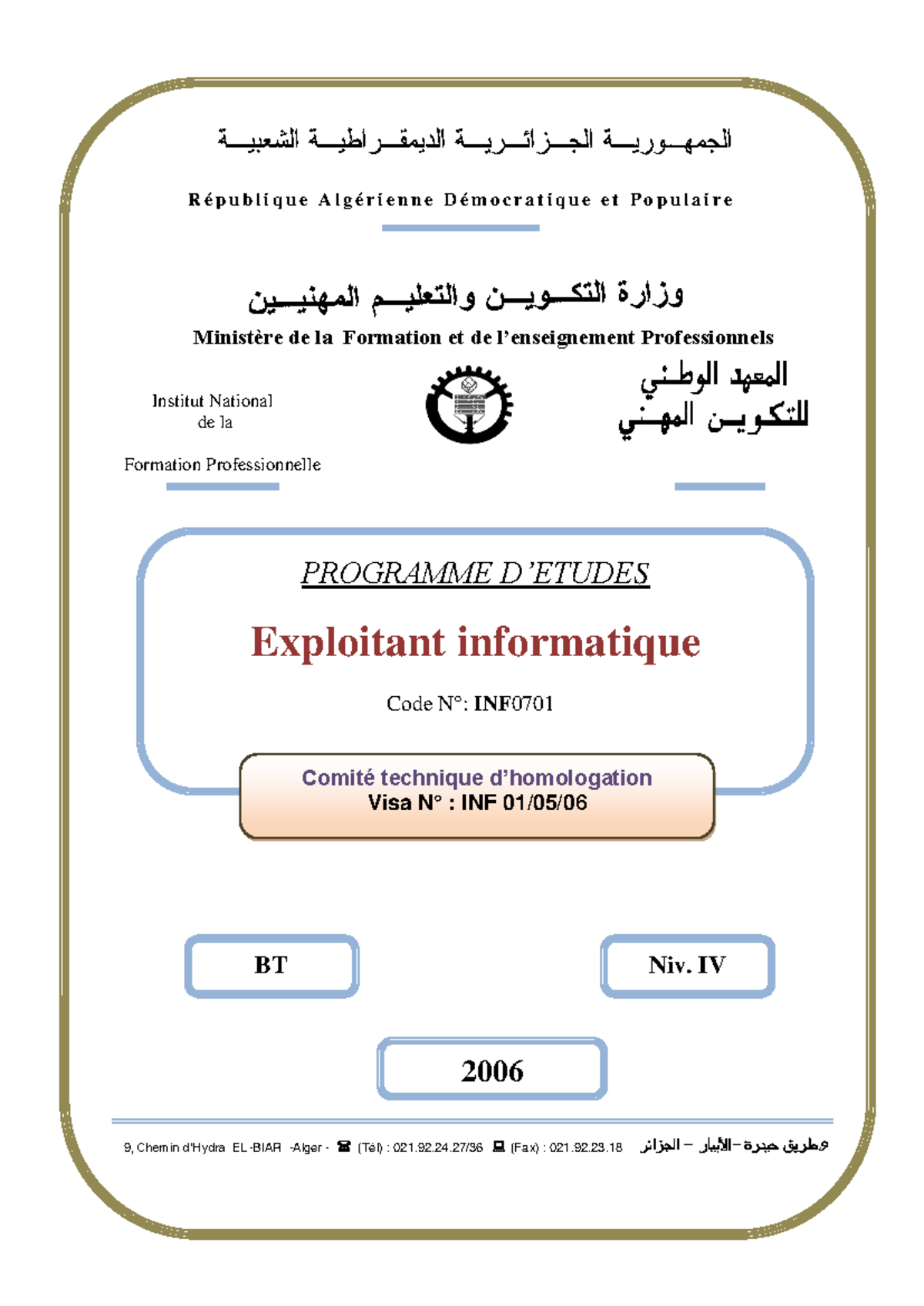 Programme d'Étude pour Technicien Exploitant en Informatique - INF 0701 - Studocu