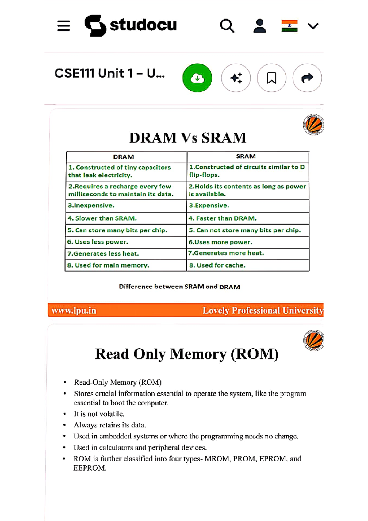 Unit 1: DRAM vs SRAM Comparison - Lovely Professional University - Studocu