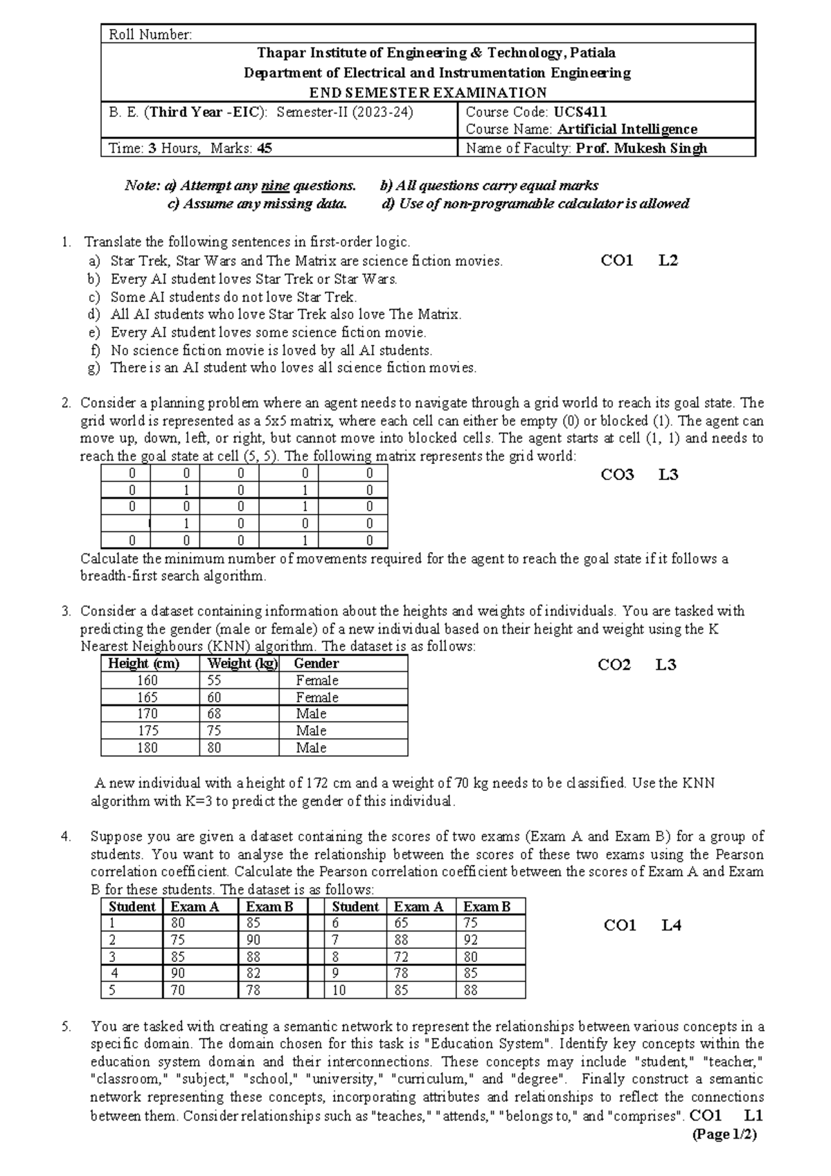 UCS411 End Semester Exam - AI Question Paper (2023-24) - Studocu