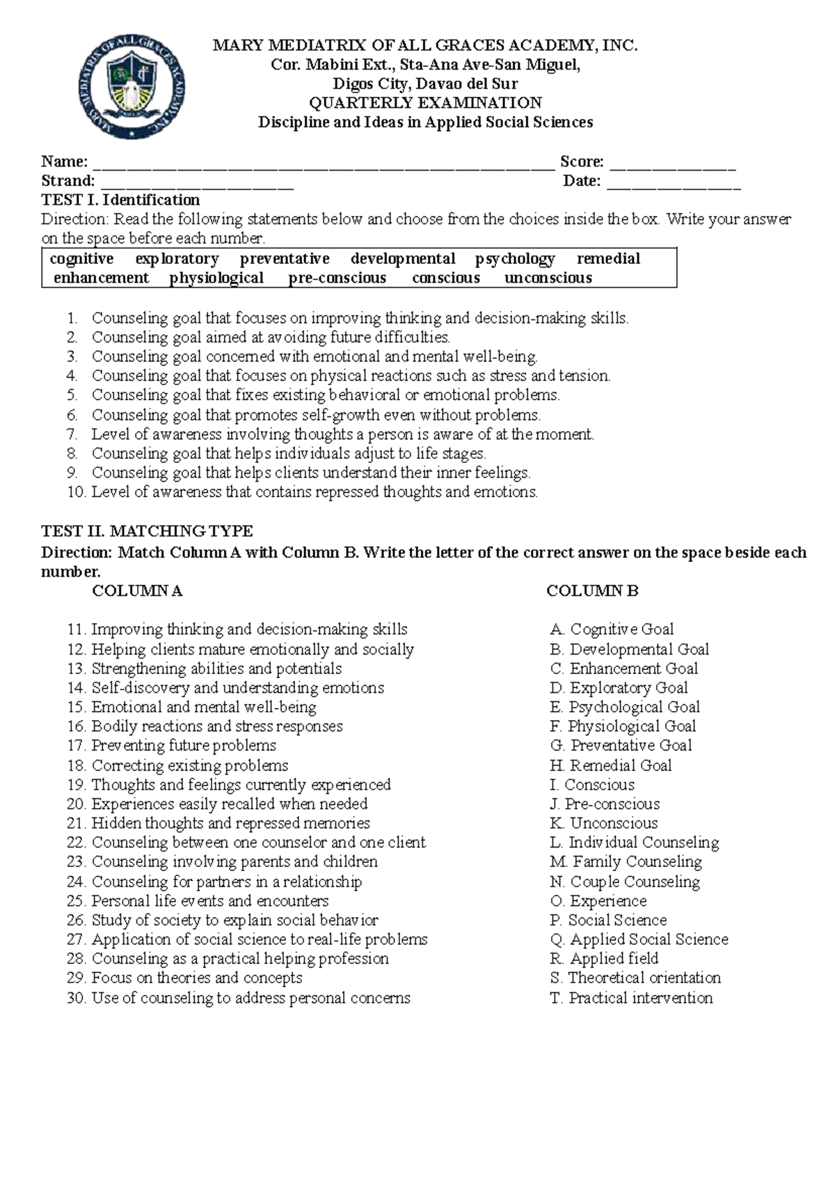 DIASS 1ST Quarterly Exam: Discipline & Ideas in Applied Social Sciences ...