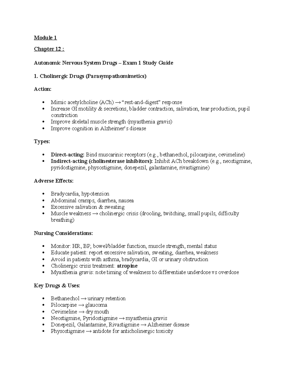 Pharm 2 Exam 1 Study Guide: Autonomic & Neuropharmacology Overview ...