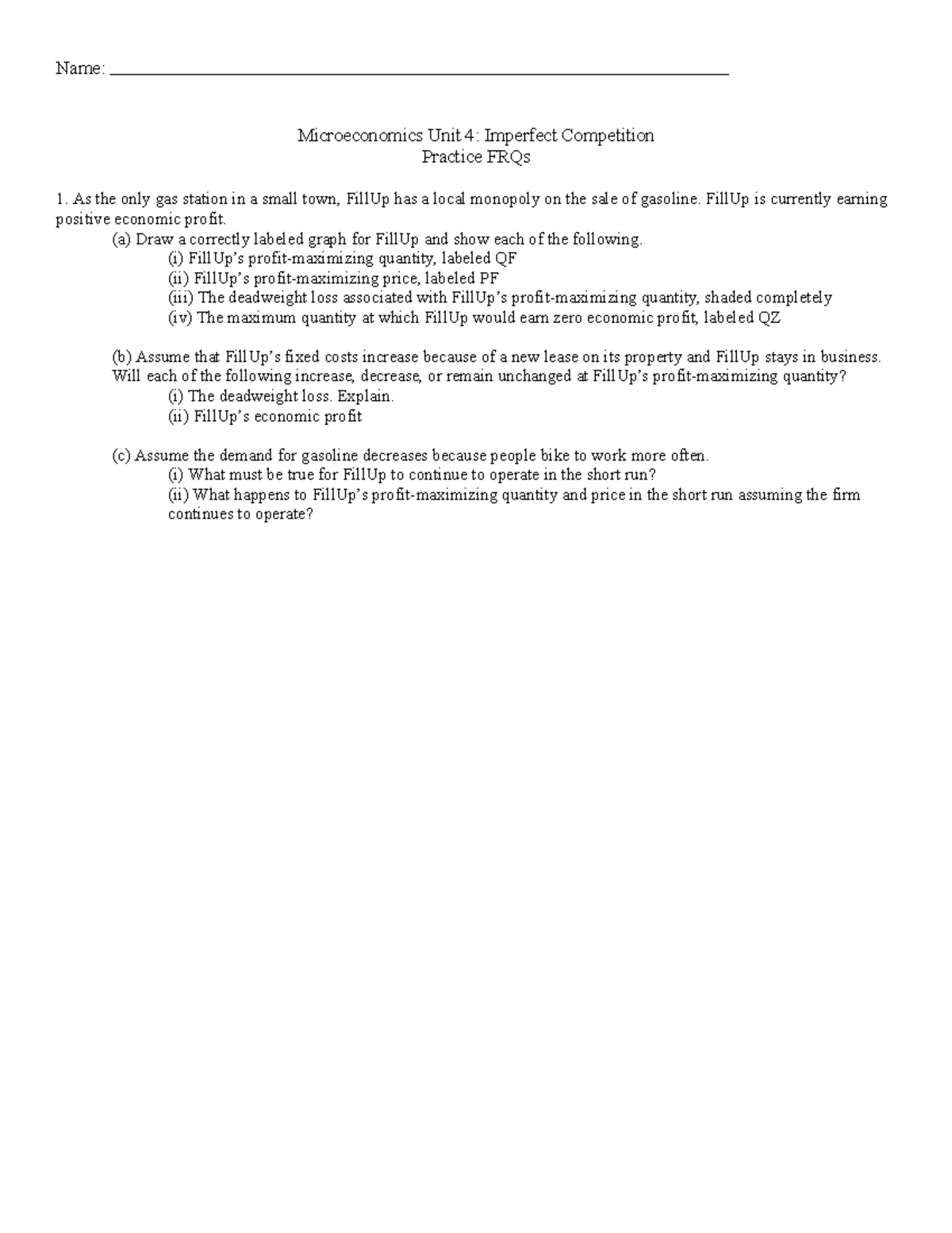 AP Microeconomics Practice FRQs for Unit 4: Imperfect Competition - Studocu