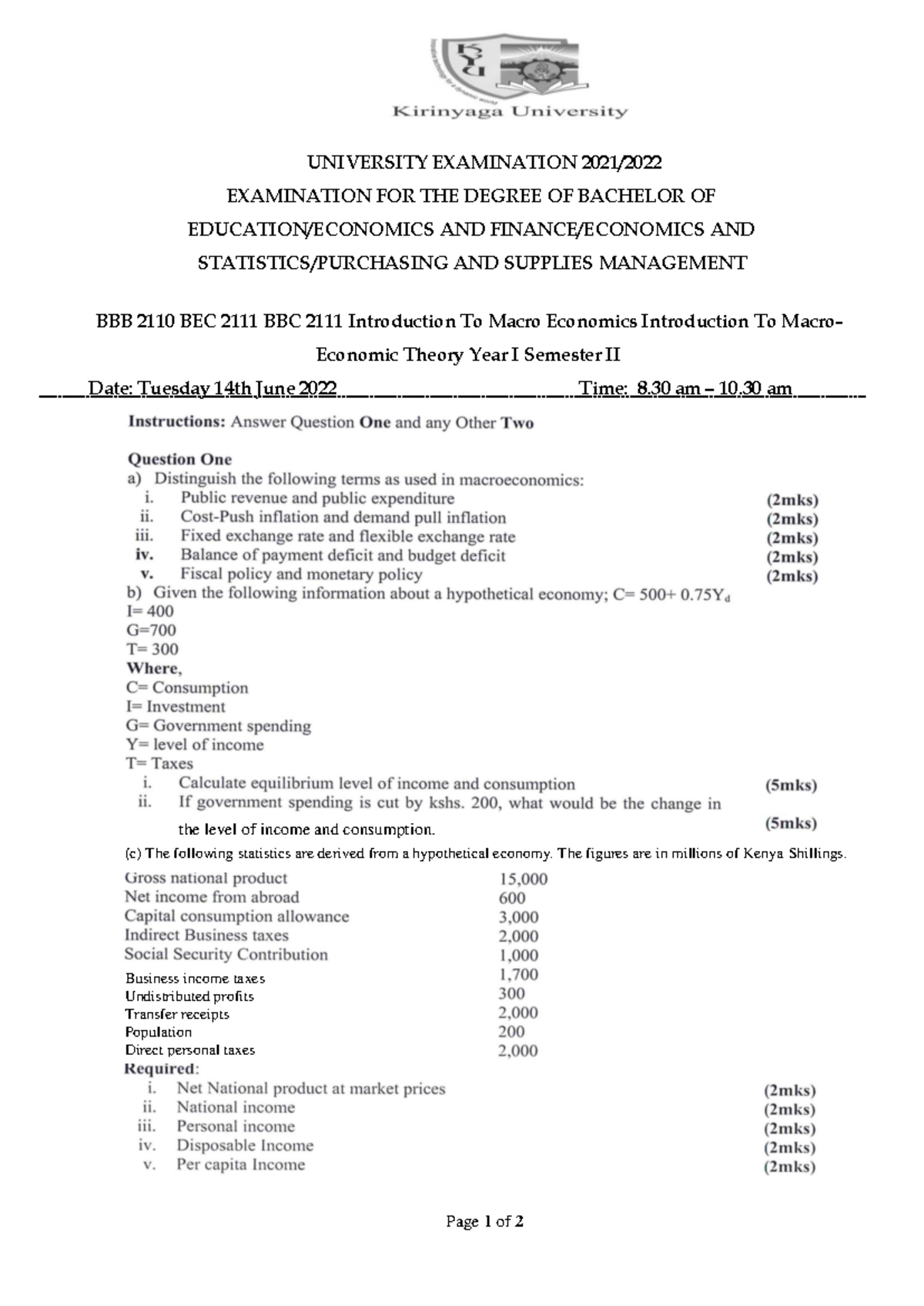 BBB 2110 BEC 2111 BBC 2111 Macro Economics Intro - Year I Sem II Exam ...
