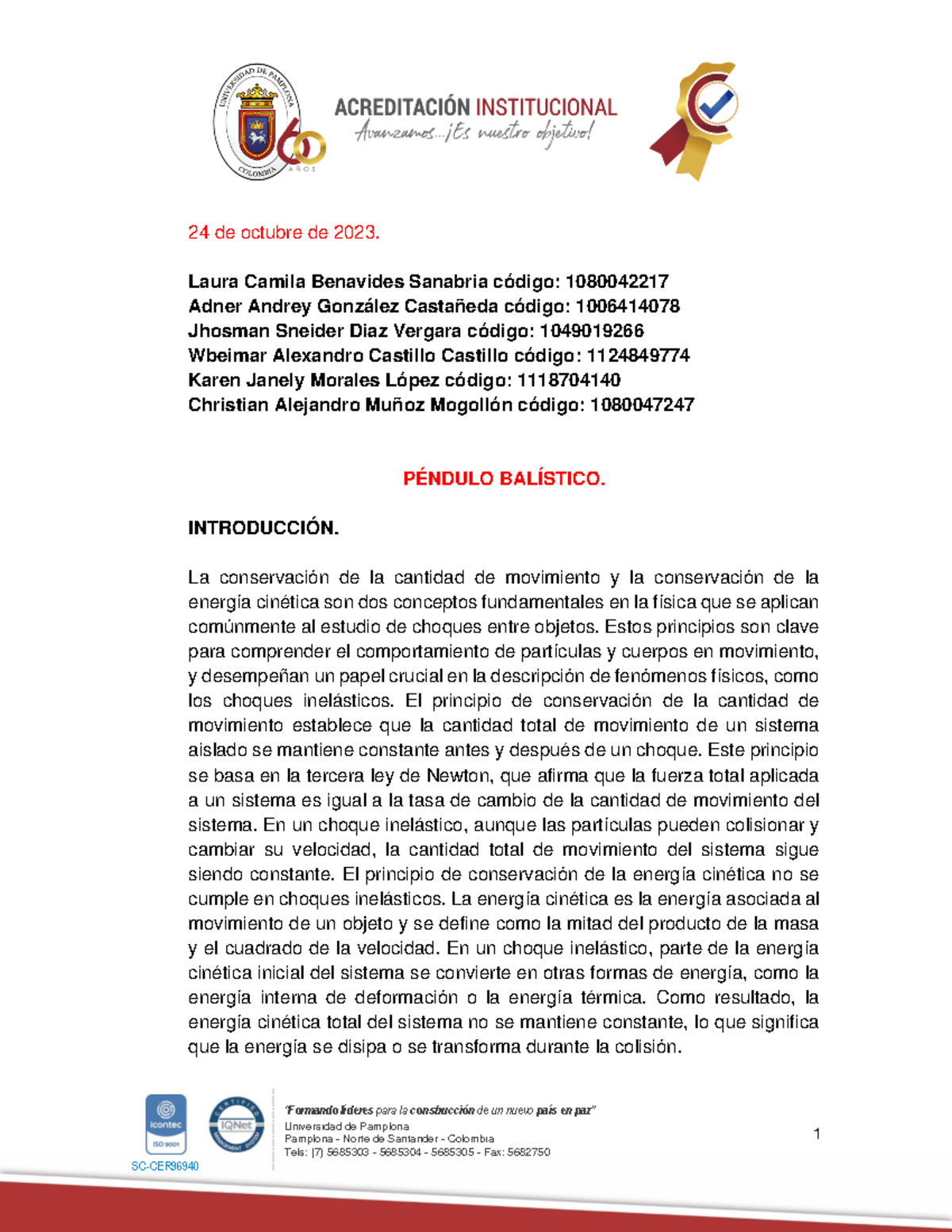 Práctica 9 - Informe sobre el Péndulo Balístico en Física Aplicada ...