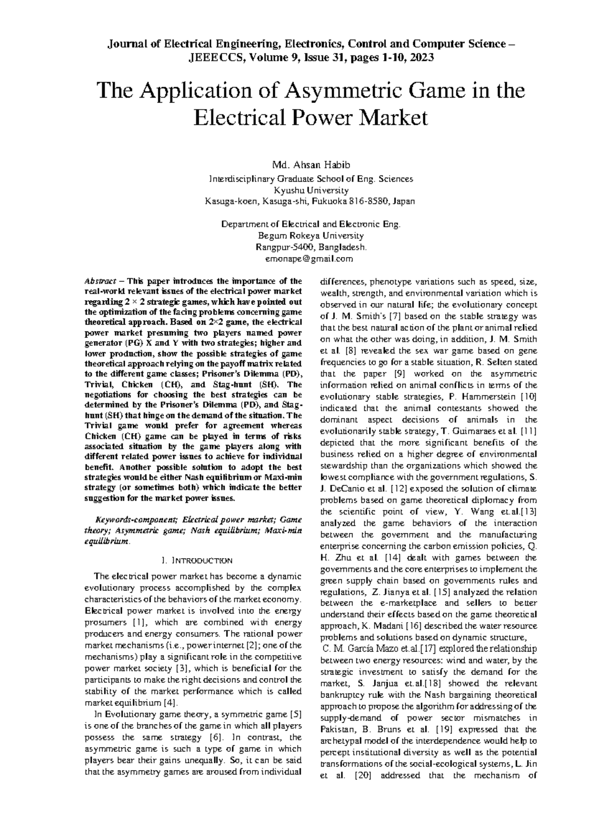 The Application of Asymmetric Game in the - Journal of Electrical ...