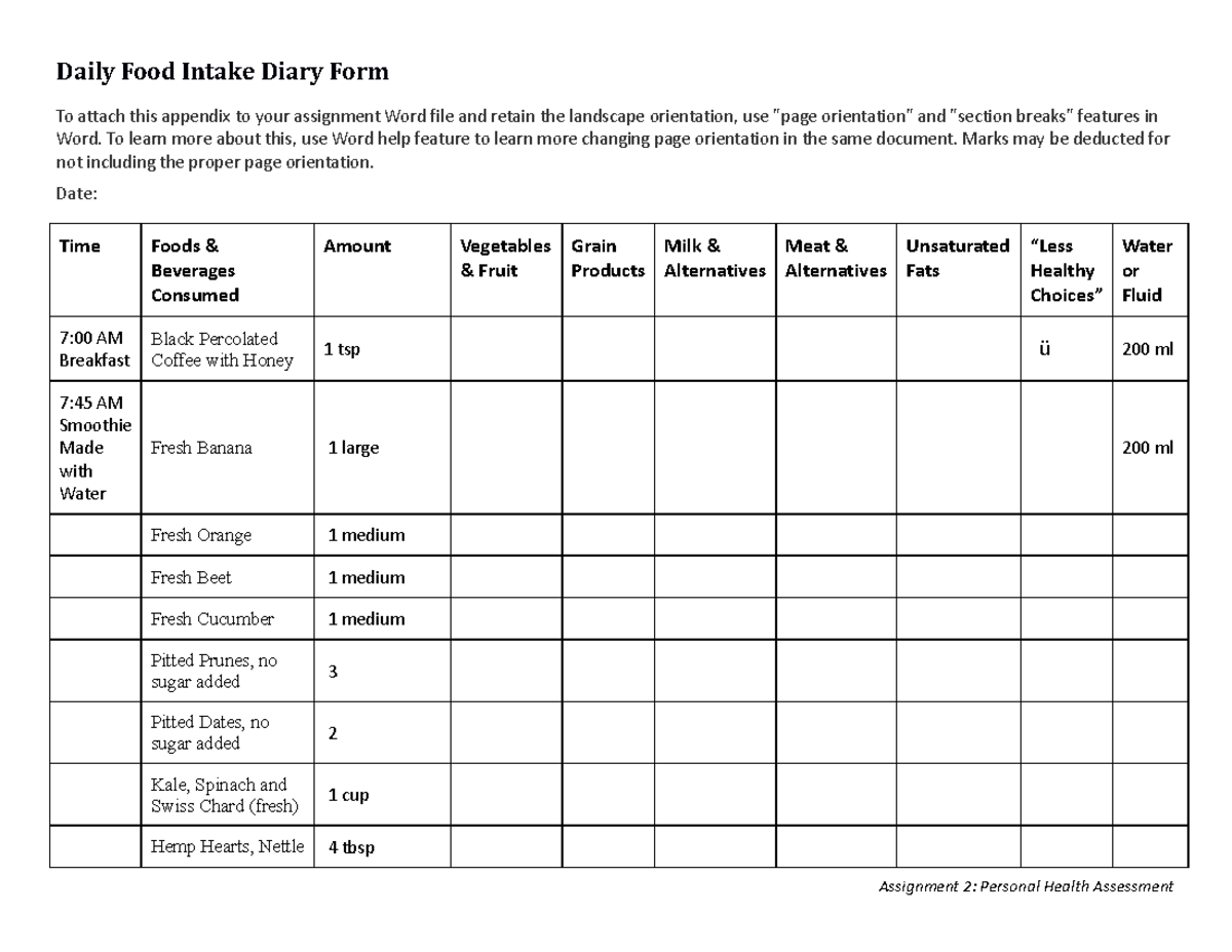 Daily Food Intake Diary Form - To learn more about this, use Word help ...