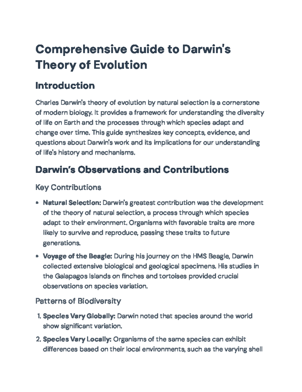 Comprehensive Guide to Darwin's Theory of Evolution: Key Concepts - Studocu
