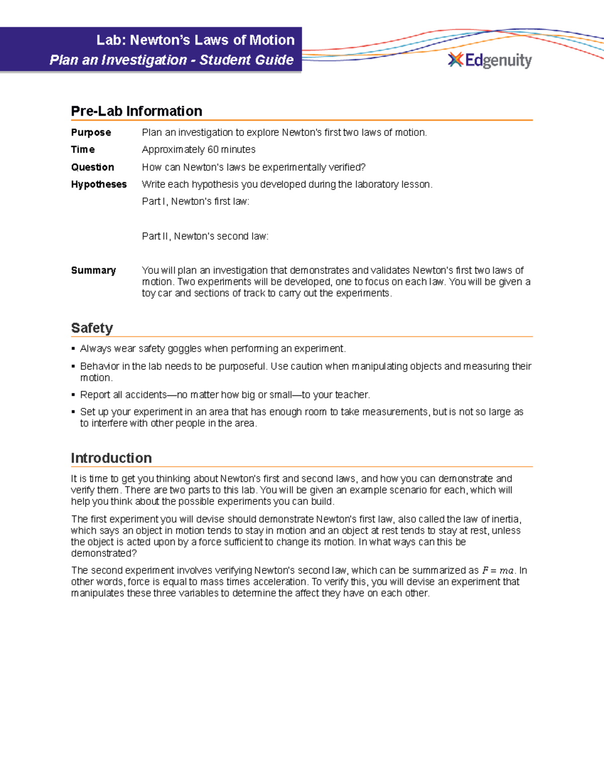 Lab-Physics 101: Investigating Newton's Laws of Motion - Student Guide ...