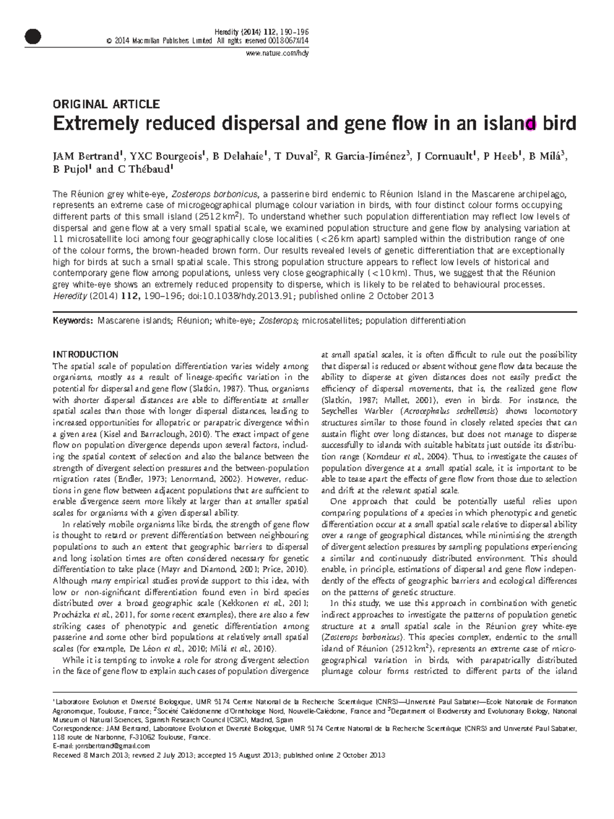 Heredity (2014) 112: Gene Flow and Dispersal in Zosterops borbonicus ...