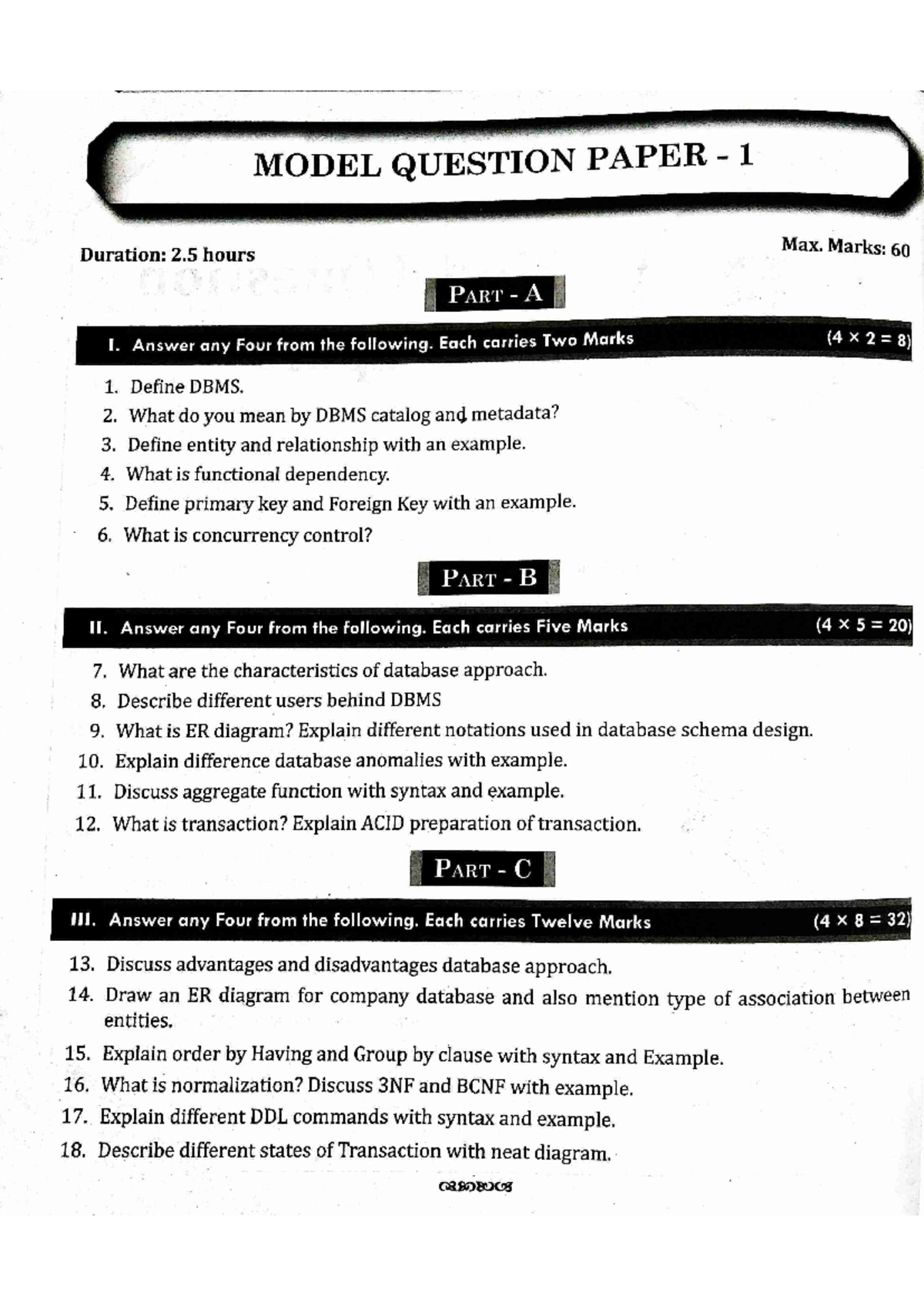 DBMS important questions - MODEL QUESTION PAPER 1 Duration: 2 hours Max ...