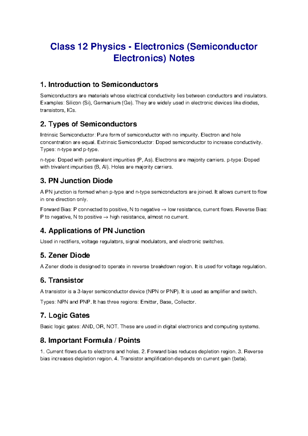 Class 12 Physics Electronics Notes: Semiconductor Fundamentals - Studocu