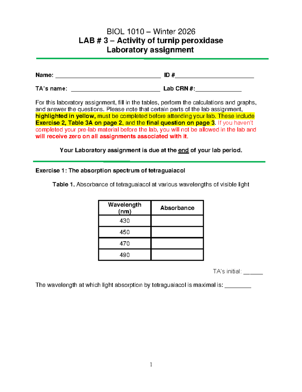 BIOL 1010 W2026 Lab 3: Enzymatic Activity of Turnip Peroxidase - Studocu