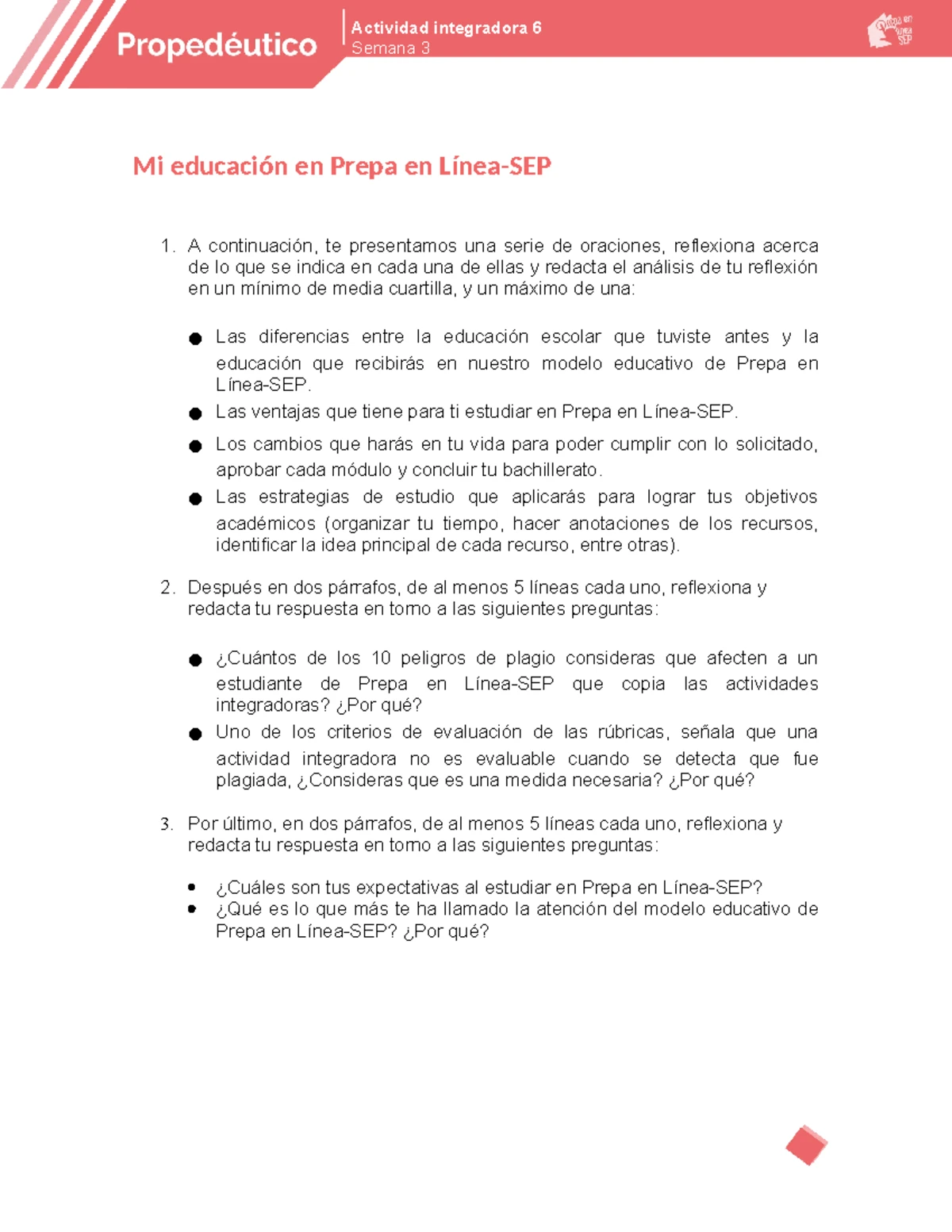 M00S3AI6 - Actividad Integradora 6: Reflexiones sobre Prepa en Línea-SEP - Studocu
