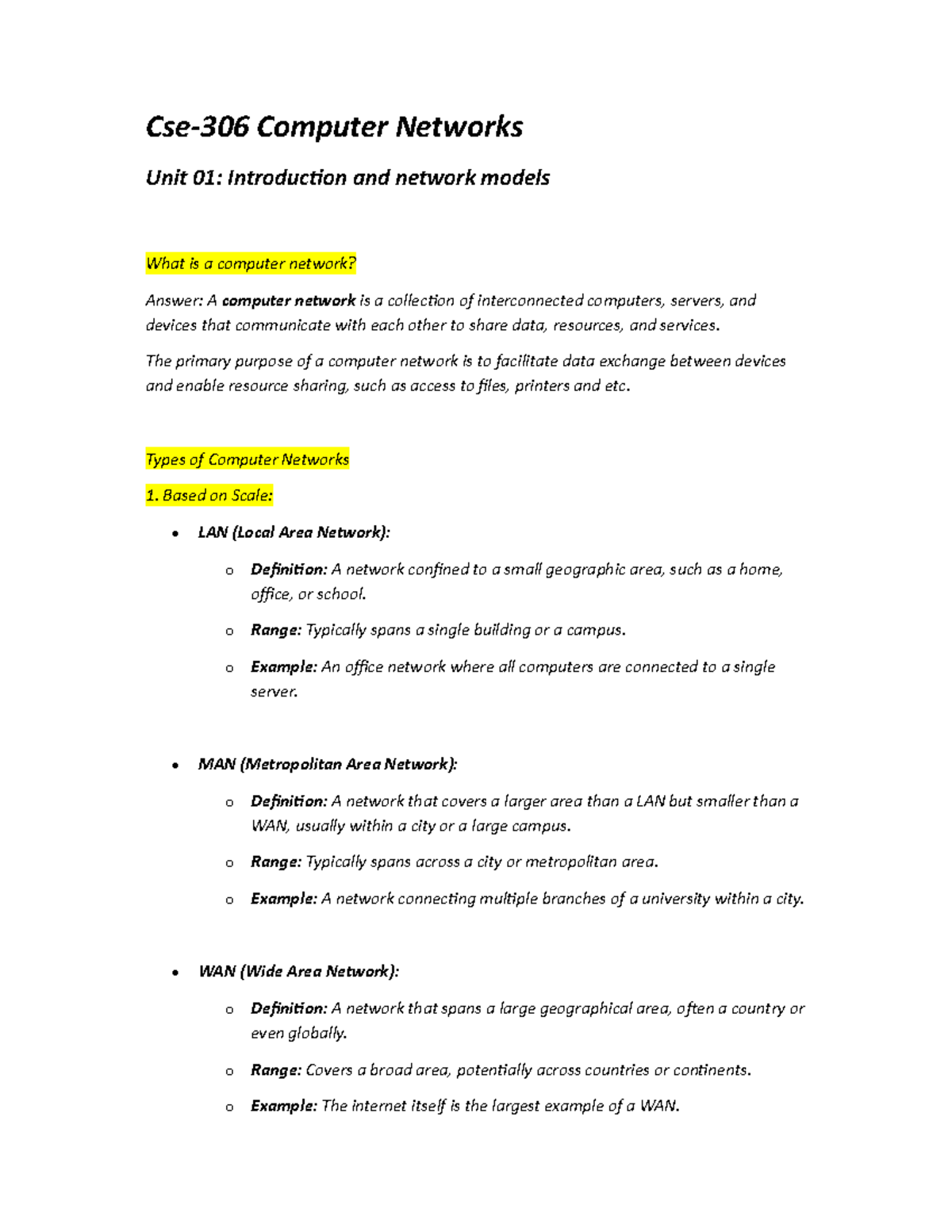 CSE-306 Unit 01: Computer Networks Overview and Key Concepts - Studocu
