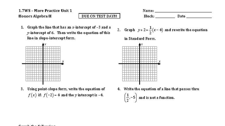 1.7WS More Practice Unit 1 - Honors Algebra II Test Prep - Studocu