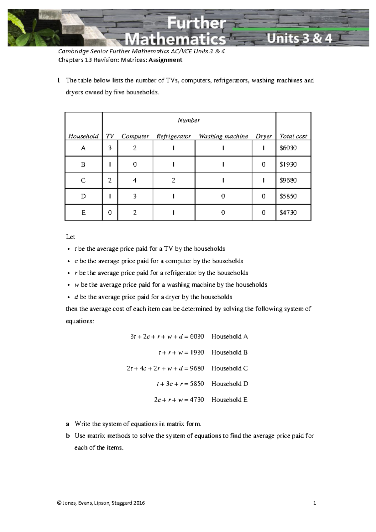 Cambridge Senior Further Mathematics Units 3 4 Matrices Assignment ...