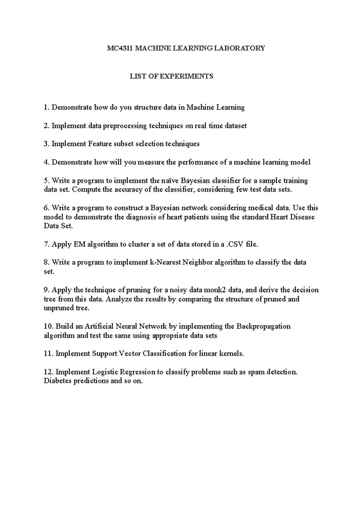 MC4311 MACHINE LEARNING LAB: EXPERIMENTS & PRACTICALS - Studocu