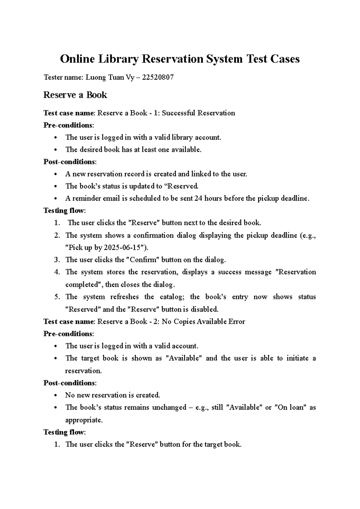 Test Cases for Online Library Reservation System (CS101) - Studocu