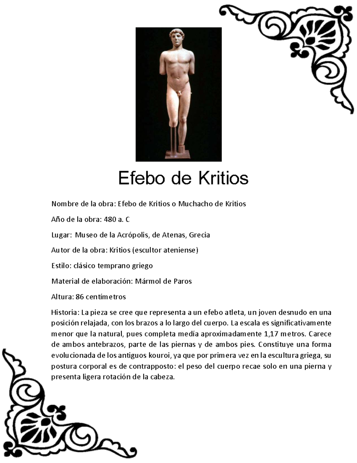 Arte Griego 2: Efebo de Kritios y su Significado Histórico - Studocu