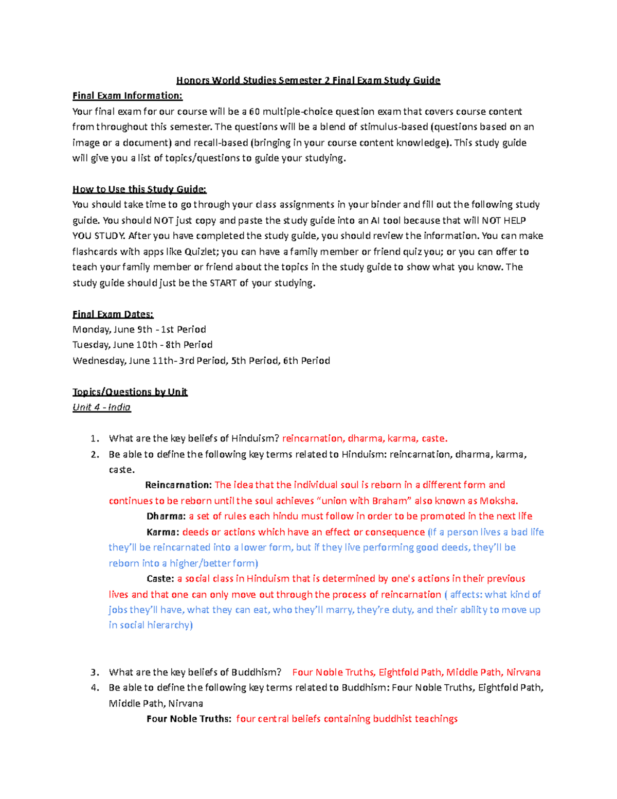 Honors World Studies HWS2425 S2 Final Exam Study Guide Overview - Studocu