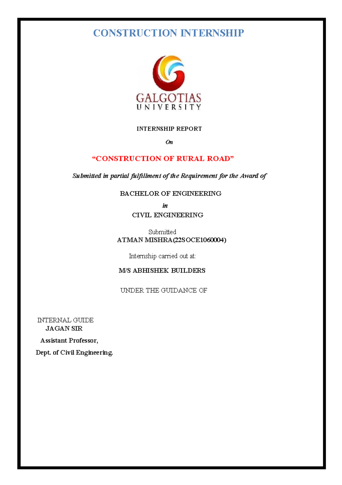 Internship Report on Rural Road Construction for Civil Engg ...