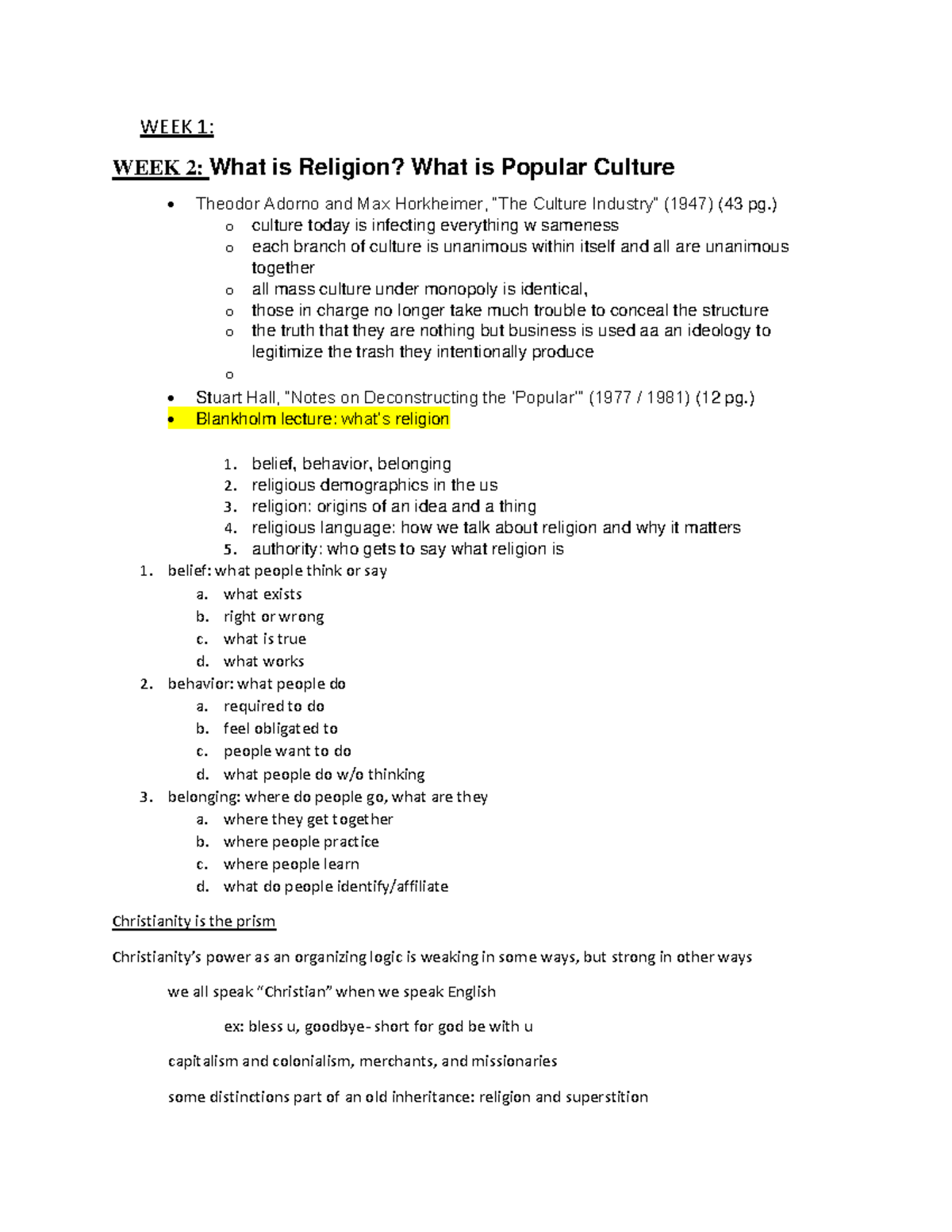 RG ST 7: Intersections of Religion & Popular Culture - Lecture Notes ...