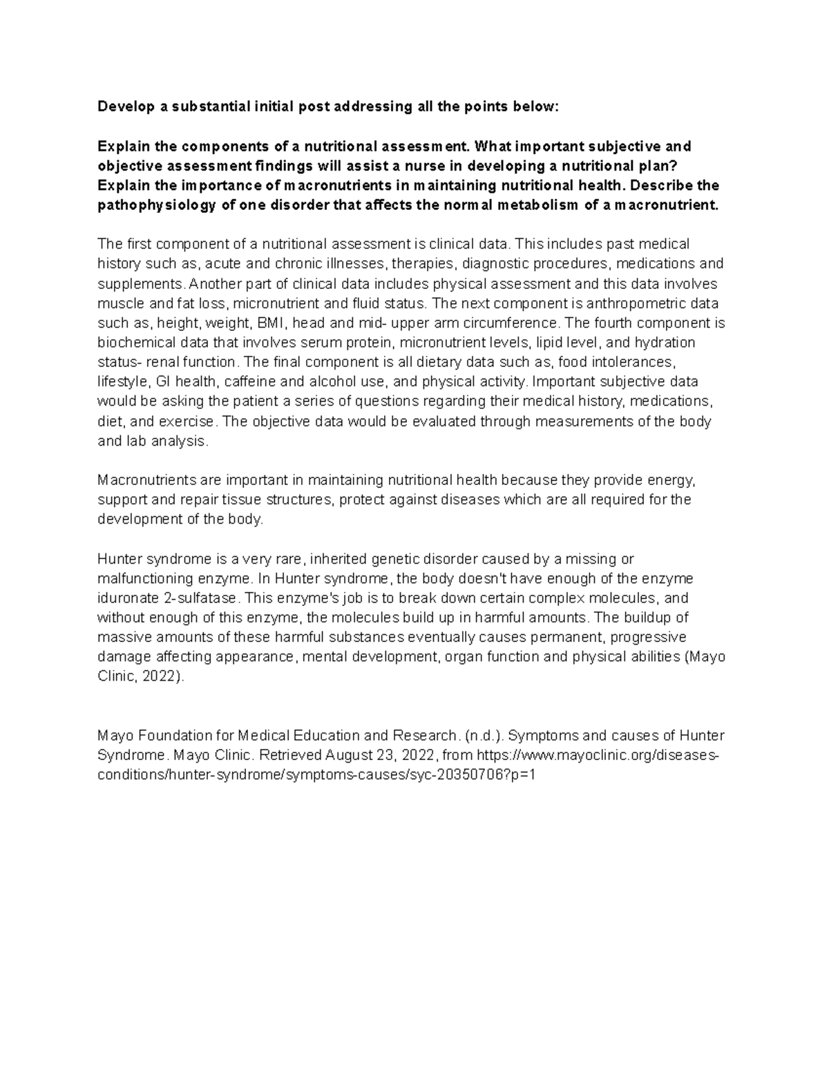 NUTR 101 Week 1 Discussion: Components of Nutritional Assessment and ...